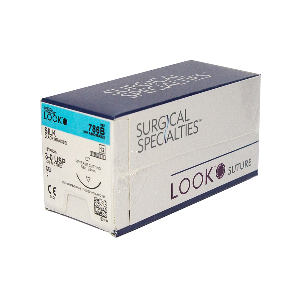 LOOK Sutures, Silk Black Braided, size 3-0, C7 Needle, 3/8" L-18" (12p – MDS International