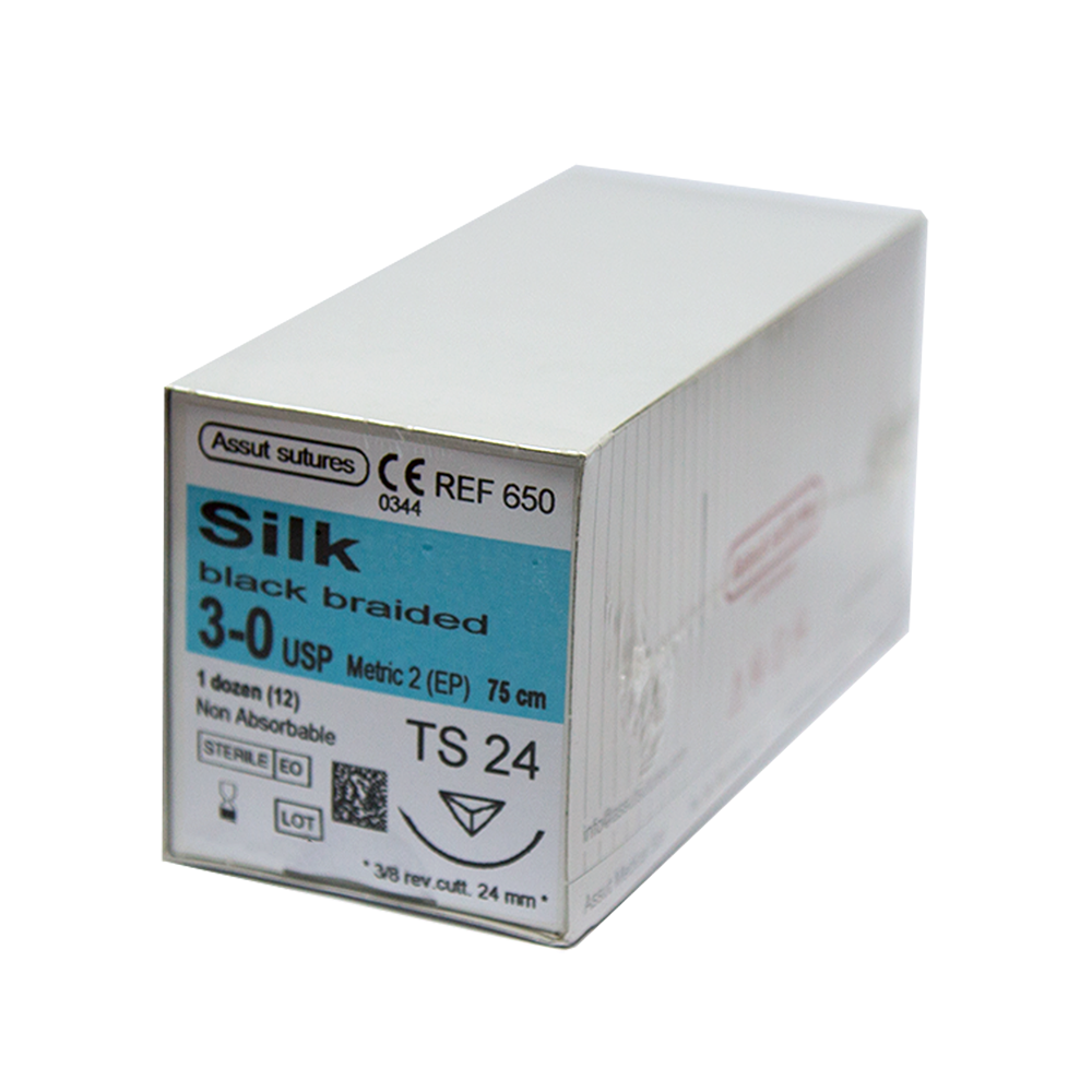 Assut Silk Sutures Black 3-0 24mm 3/8 RC 75cm (12) – MDS International